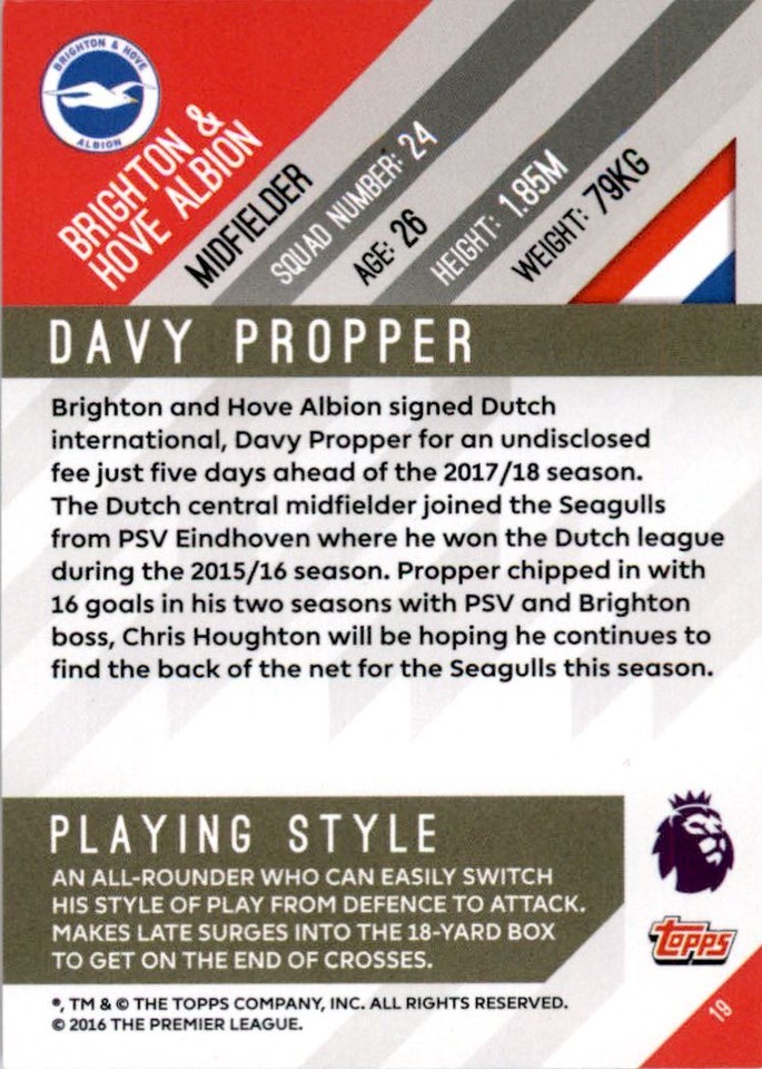 2017-18 Topps English Premier League Gold #19 Davy Propper | eBay
