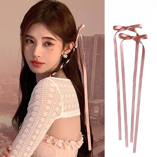 1Pair Ribbon Long Bow Hair Clip Side Clips Sweet Girls Hairpin Braided ...