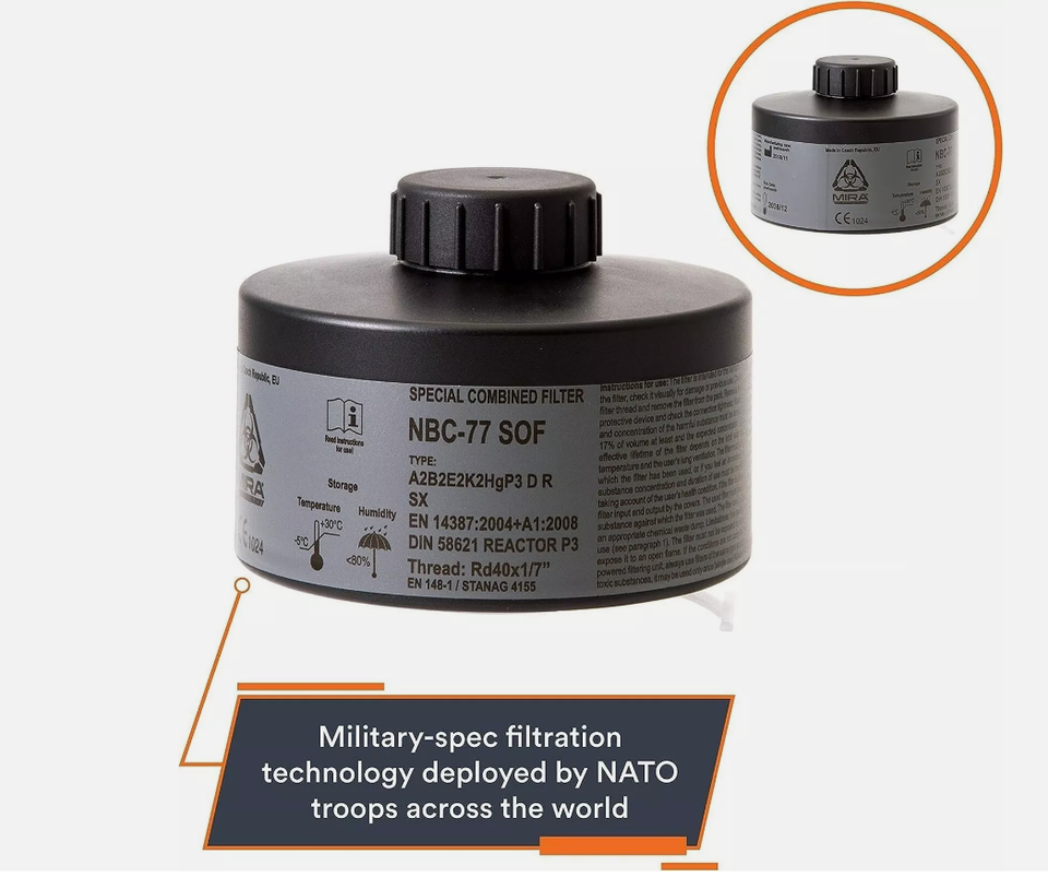 Mira Safety CM-I01 Gas Mask and NBC-77 SOF CBRN Filter- BLACK OR GREEN ...