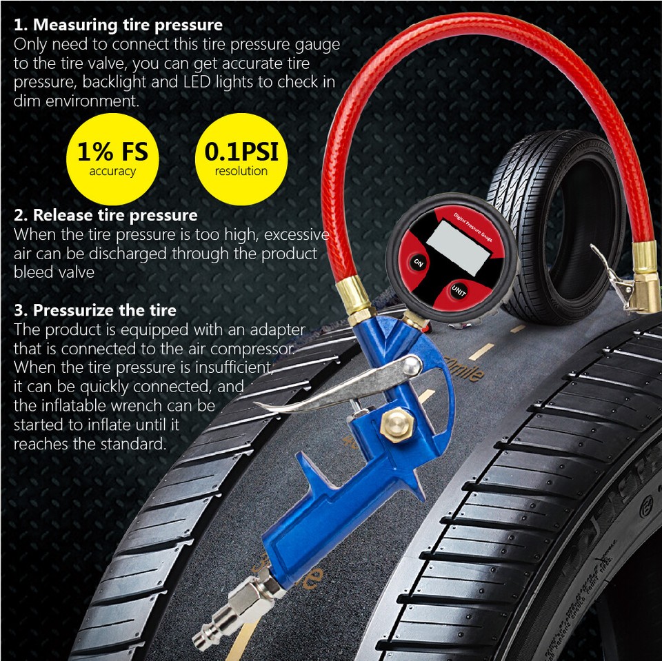 Heavy Duty 0-150 PSI Digital Tire Inflator With Pressure Gauge Lock-On ...