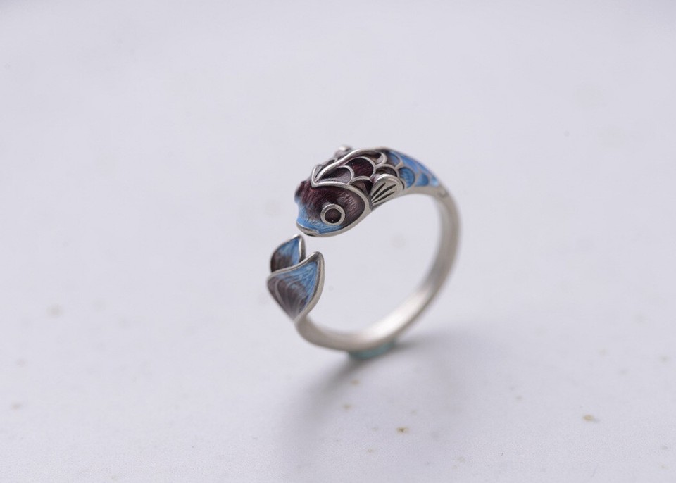 S925 Sterling Silver Vintage Enamel Lucky Carp Ring Blue & Purple ...