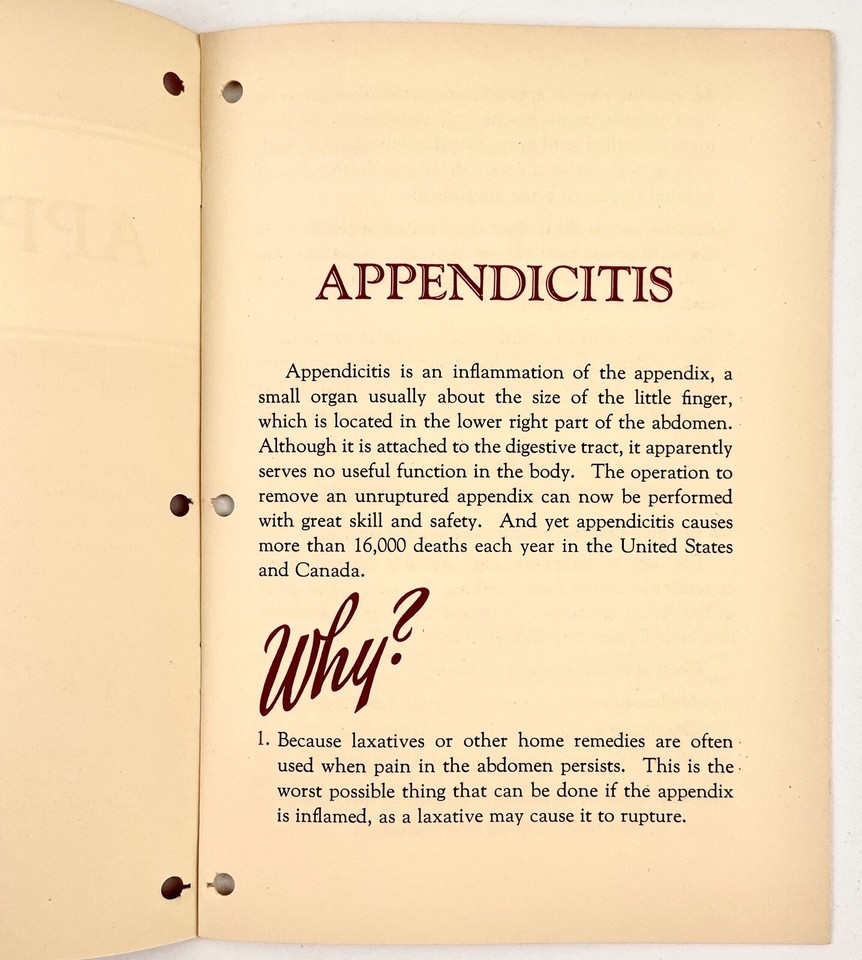 1930s Appendicitis Appendix Facts Patient Safety VTG Booklet ...