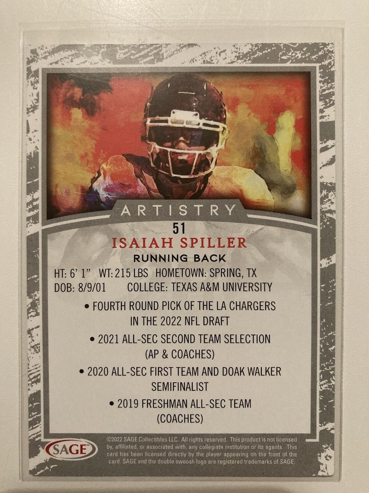 2022 SAGE Artistry Series Isaiah Spiller Rookie Card-Chargers | eBay