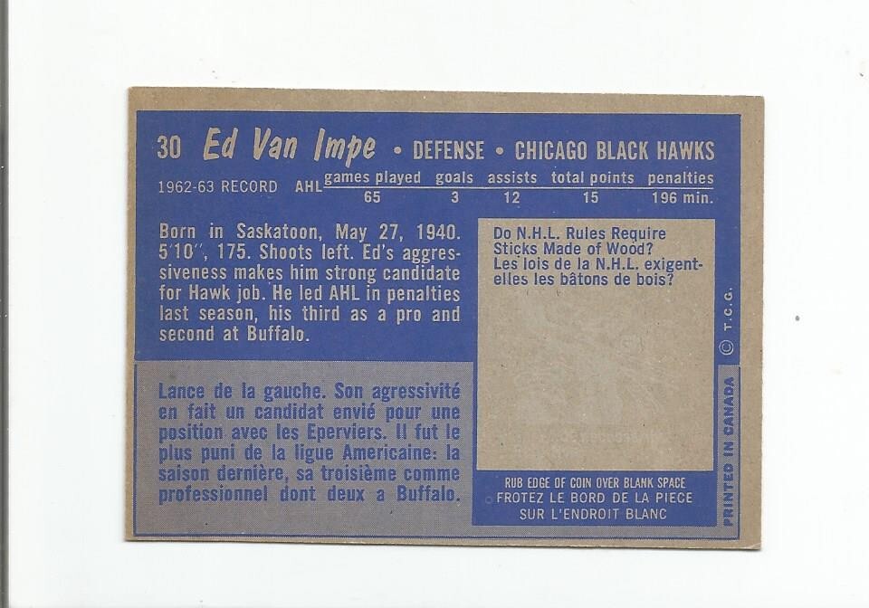 1963-64 ED VAN IMPE TOPPS HOCKEY CARD #30 ROOKIE " NICE CONDITION" | eBay