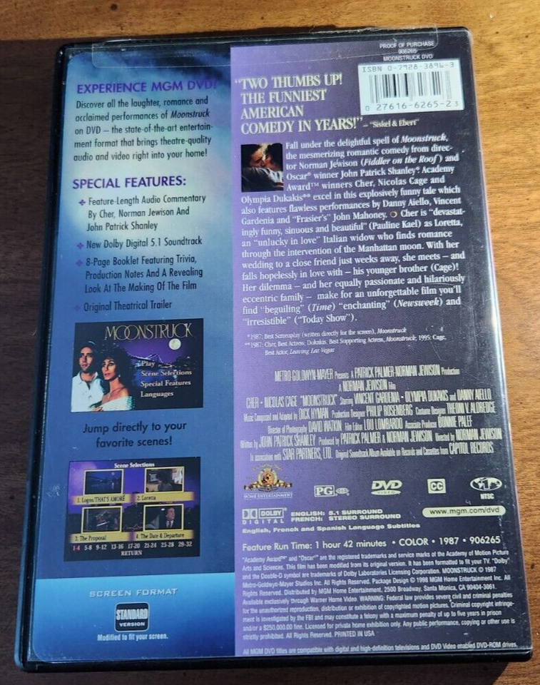 MOONSTRUCK (DVD, 1998) ROMANCE, CHER, NICHOLAS CAGE 27616626523 | eBay