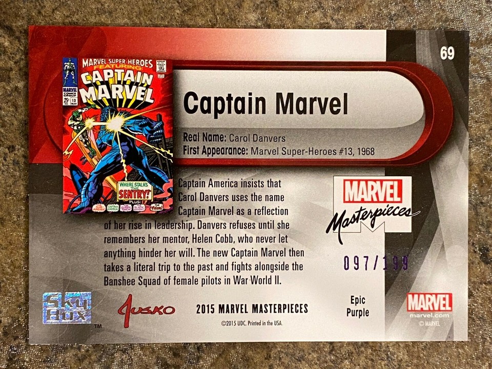 2016 Marvel Masterpieces PURPLE #69 CAPTAIN MARVEL 97/199 Single Tier 3 ...