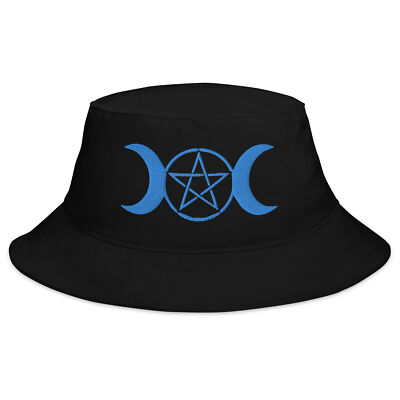 Blue Pagan Triple Moon Goddess Embroidered Bucket Hat Wiccan Pentagram ...