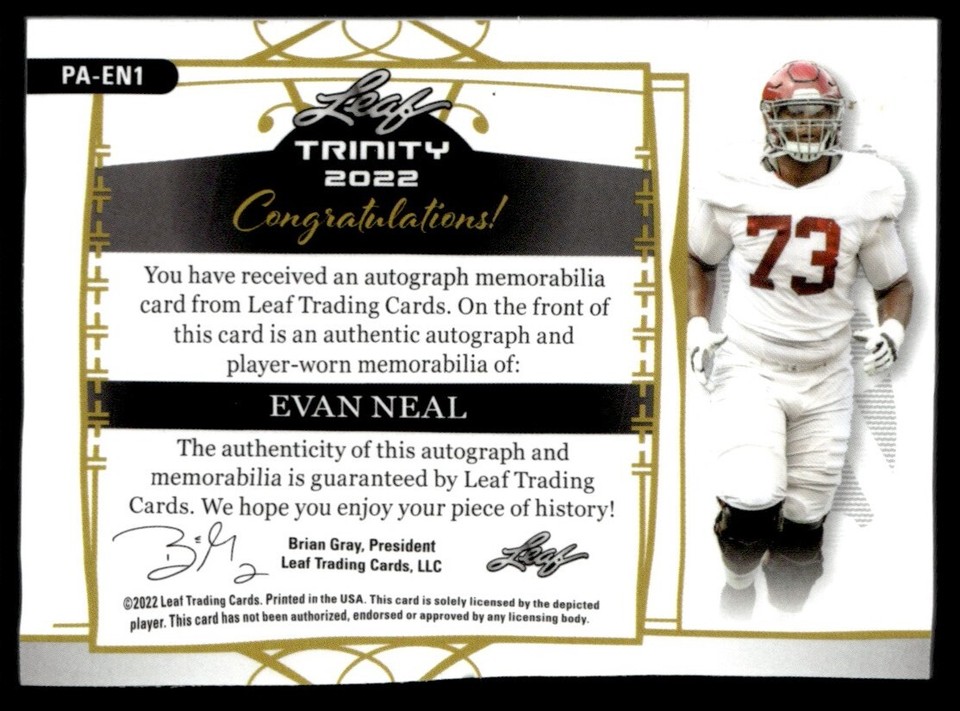 2022 Leaf Trinity Evan Neal Rookie Auto 27/49 Alabama Crimson Tide #PA ...