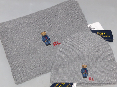 POLO RALPH LAUREN Men's RL Sweater Denim Bear Knit Beanie Hat & Scarf ...