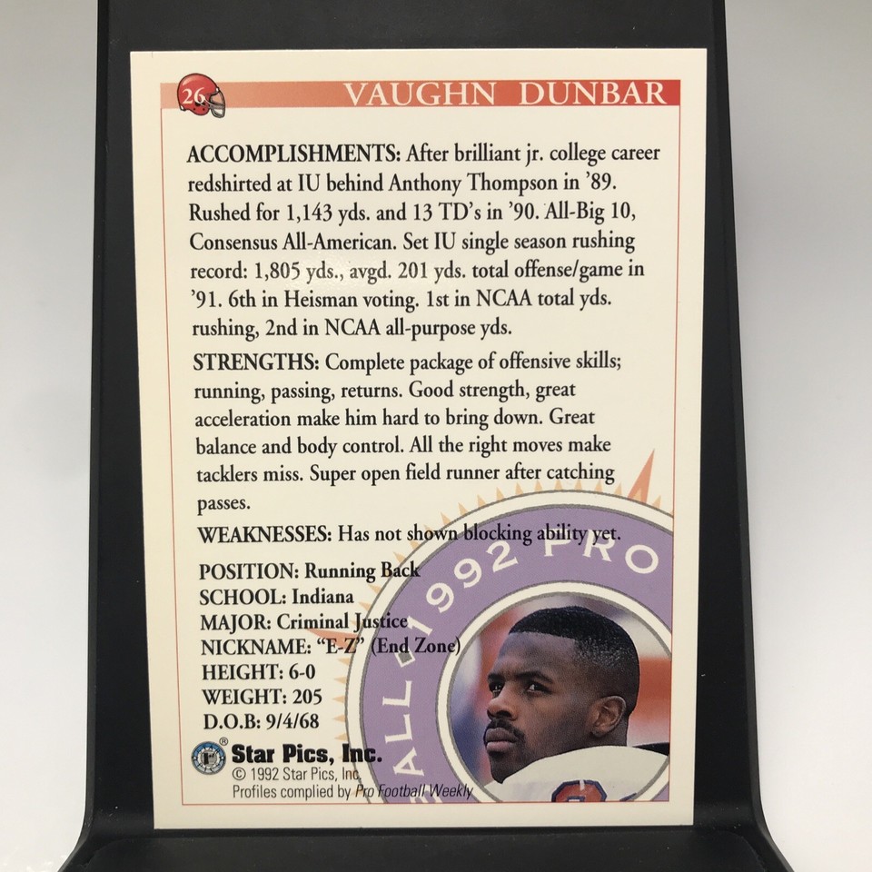 1992 Star Pics Vaughn Dunbar #26 Rookie RC Indiana Hoosiers | eBay