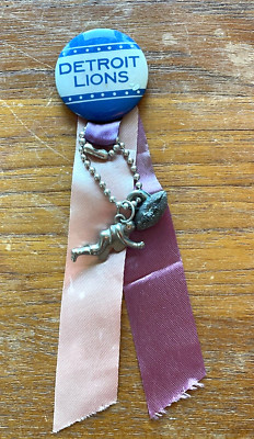 vintage Detroit LIONS NFL pinback button w/ ribbons & mini metal ...