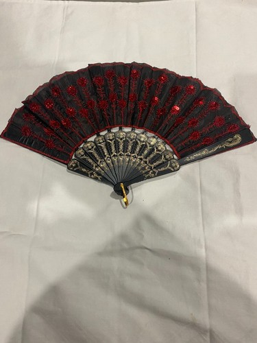 Folding Hand Fan Sequin Red w/Black Lace open size 16.5x9" | eBay