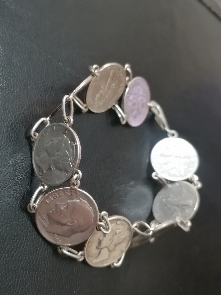 Rare Stunning Silver One Dime Coins Charm Bracelet 925 Clasper 26.6g ...