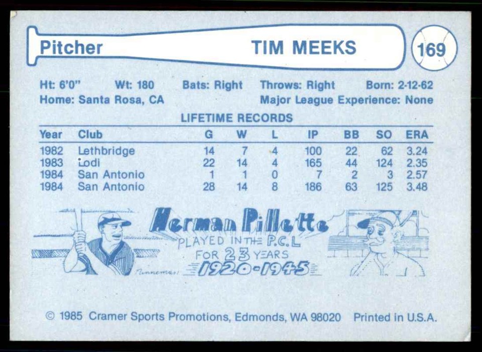 1985 Cramer Minor League Tim Meeks Albuquerque Dukes #169 | eBay
