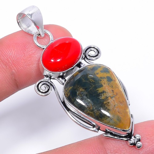 Natural Ocean Jasper & Red Coral Silver Plated Jewelry Pendant 2.34 ...