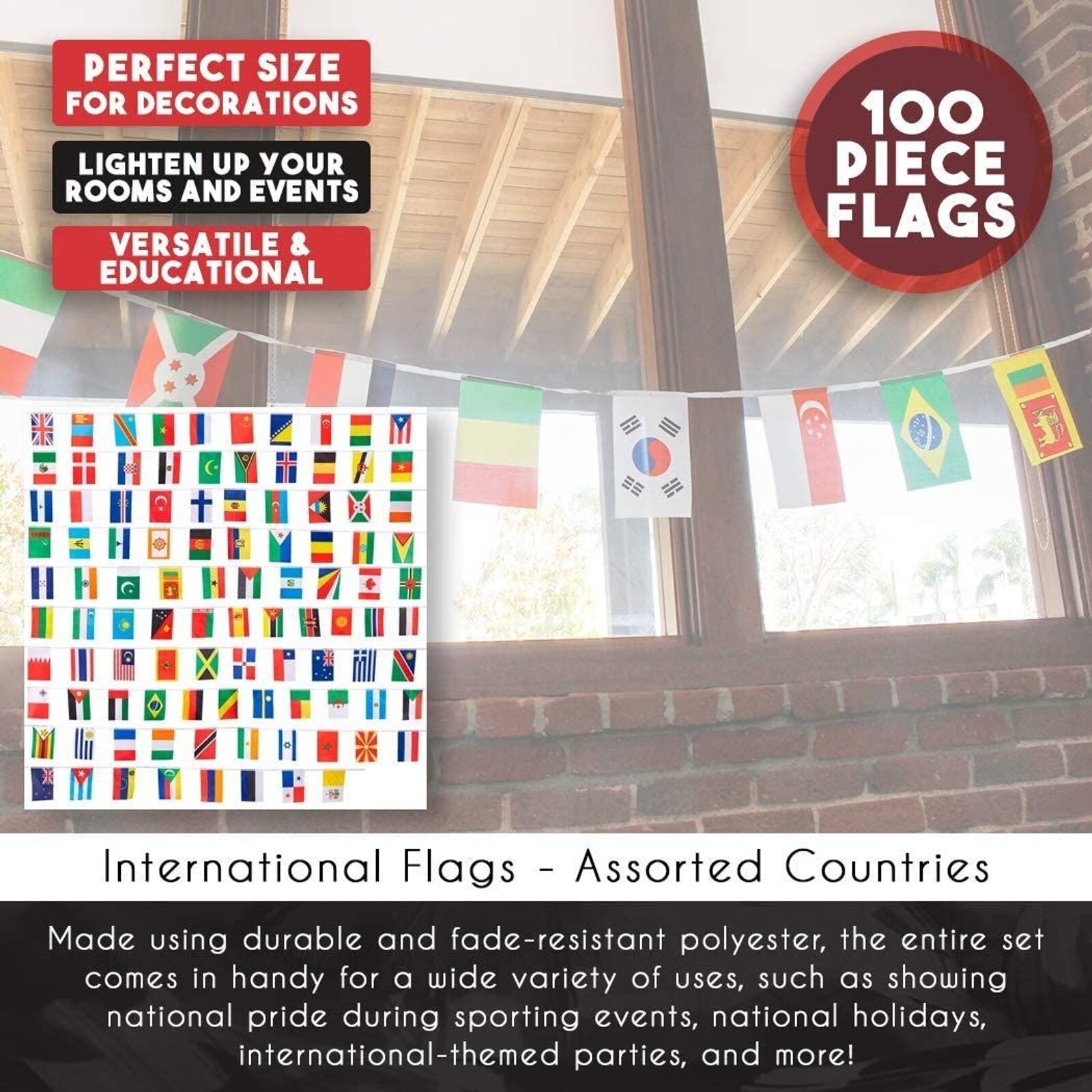 International Flags of the World Banner with 100 Assorted Countries, 80 ...