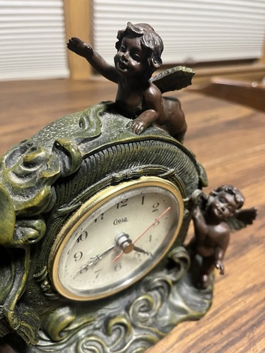 Vintage Ornate Crosa Mantle Clock Angel Tambourine Cherubs Antique ...