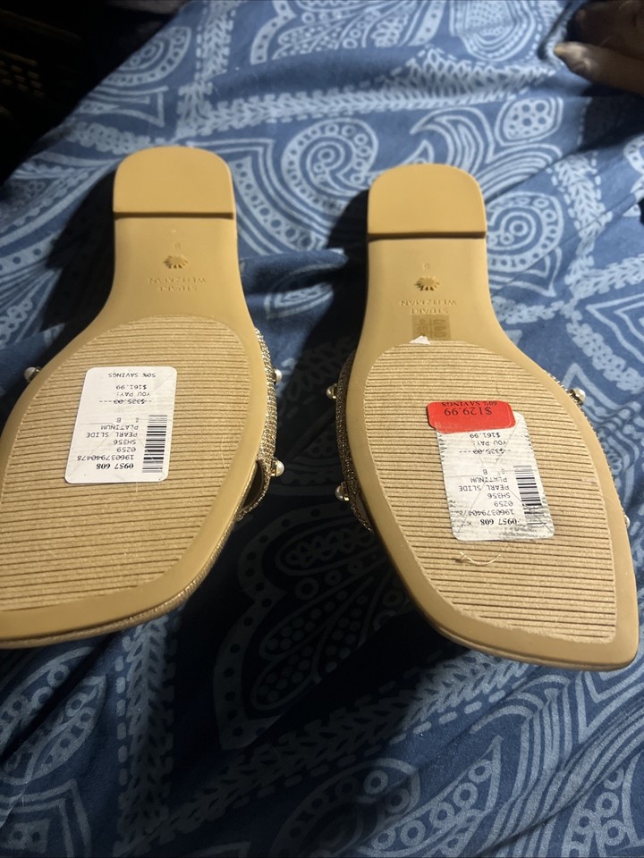 NEW STUART WEITZMAN Pearl Embellished Leather Slides Sandals Women’s Sz ...