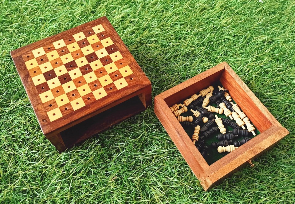 Handmade Wooden Mini Chess Board Game ~ Travel Vintage Chess Set Wooden ...