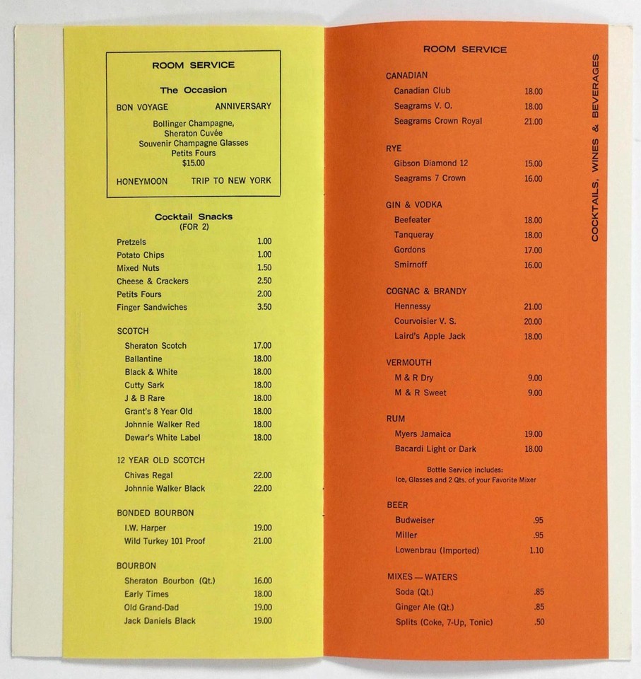 1973 Original Vintage Room Service Menu SHERATON MOTOR INN New York ...
