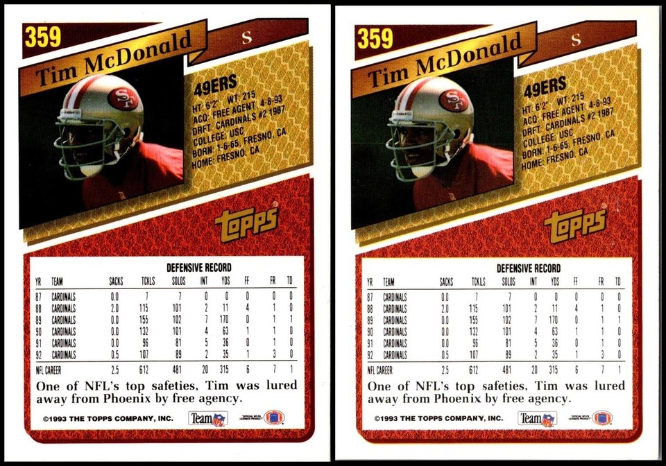 Topps Tim McDonald San Francisco 49ers (2) Card Lot - FINAL HOURS ...