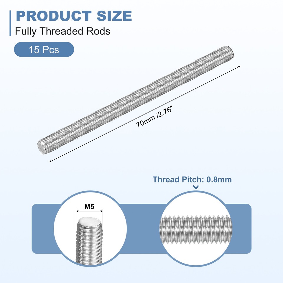 15Pcs M5-0.8x70mm Fully Threaded Rods, 304 Stainless Steel Thread Bar ...