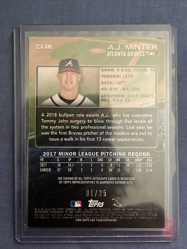 2018 Topps Stadium Club Auto Black Foil 1/25 AJ Minter #SCA-AMI Rookie ...