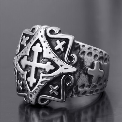 Vintage Silver Coptic Christian Cross Solid Stainless Steel Shield Ring ...