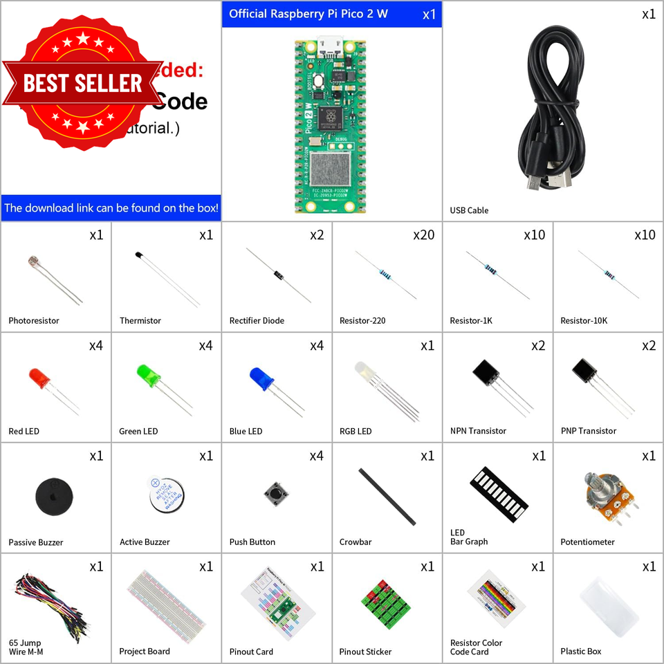 Basic Starter Kit for Raspberry Pi Pico 2 W (Included), Dual Arm Cortex ...