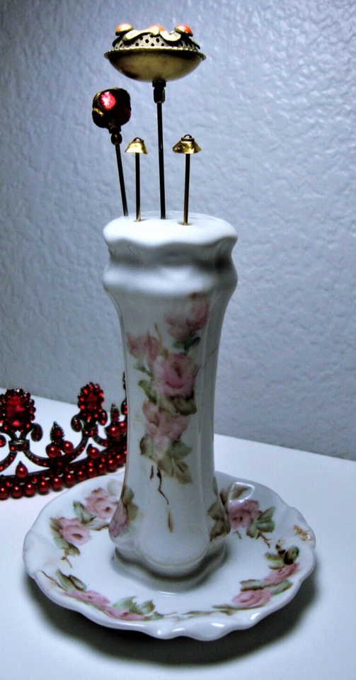 Vintage HAT PINS & HOLDER - Nouveau Hat Pins (4) - Hand Painted Hat Pin ...