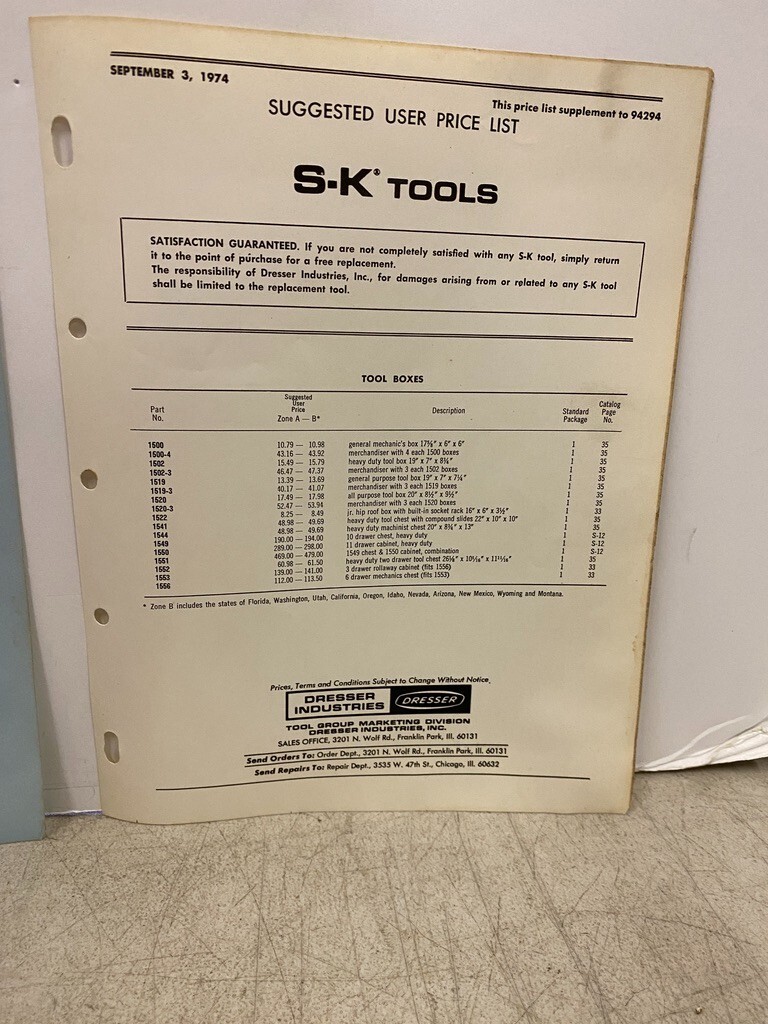 1974 S-K Tools Suggested User Price List & Jobber Price List Sales ...