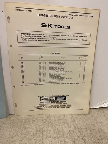 1974 S-K Tools Suggested User Price List & Jobber Price List Sales ...
