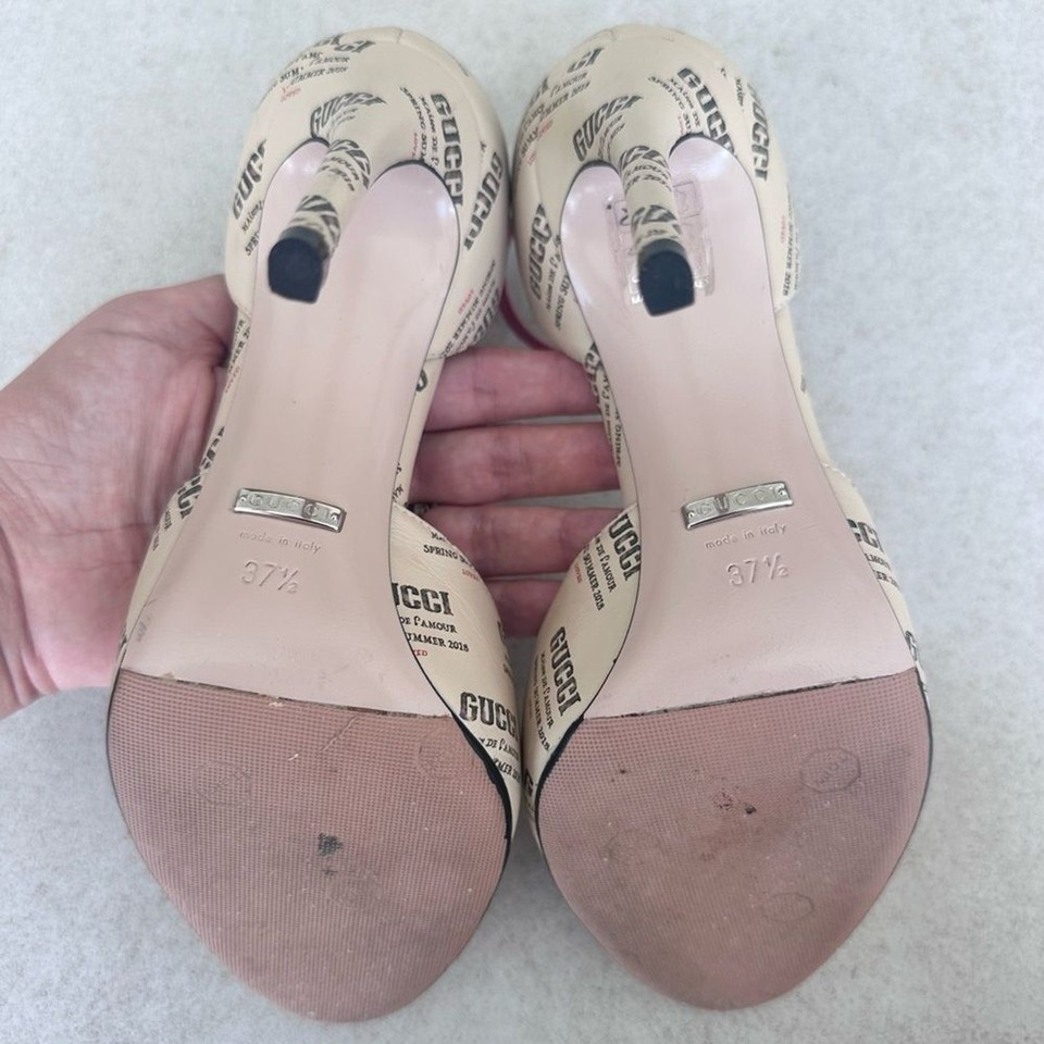 Gucci Apollo Gucci Stamp Print Beige Leather Logo Ankle Strap Pumps ...