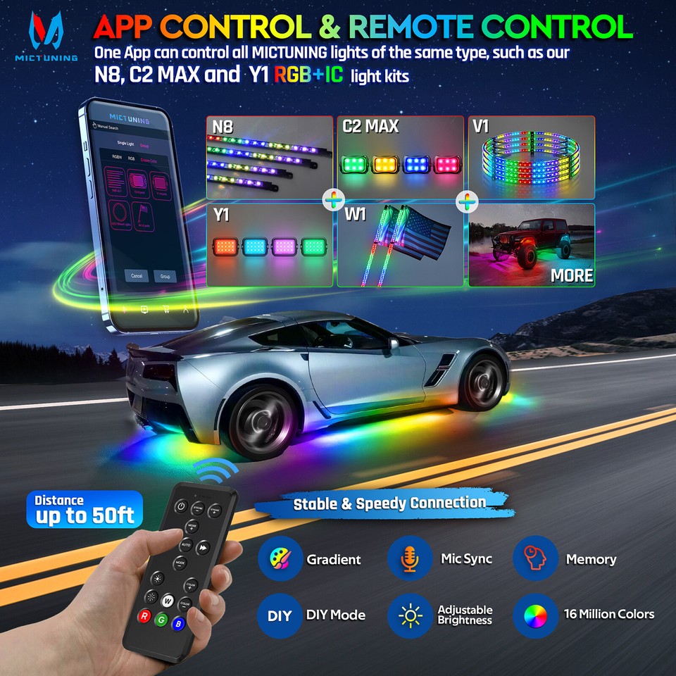 MICTUNING N8 Car Underglow Light Bar Kit,Chasing Color RGB+IC LED Strip ...