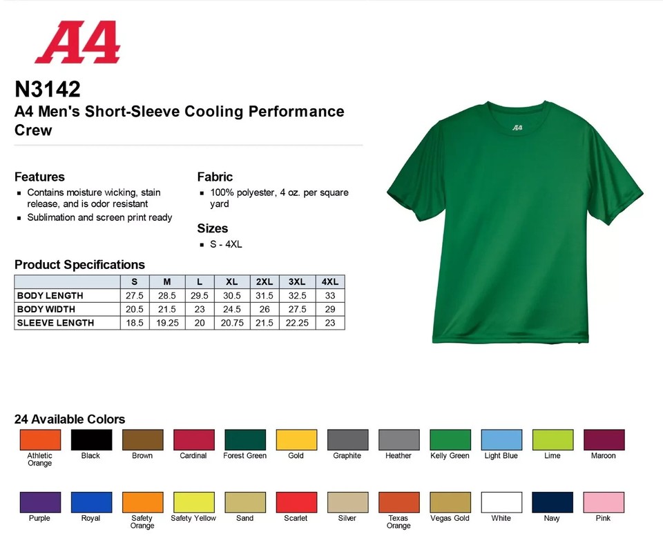 5 NEW A4 Adult Dri-Fit Workout Cooling Performance T-Shirt LARGE N3142 ...