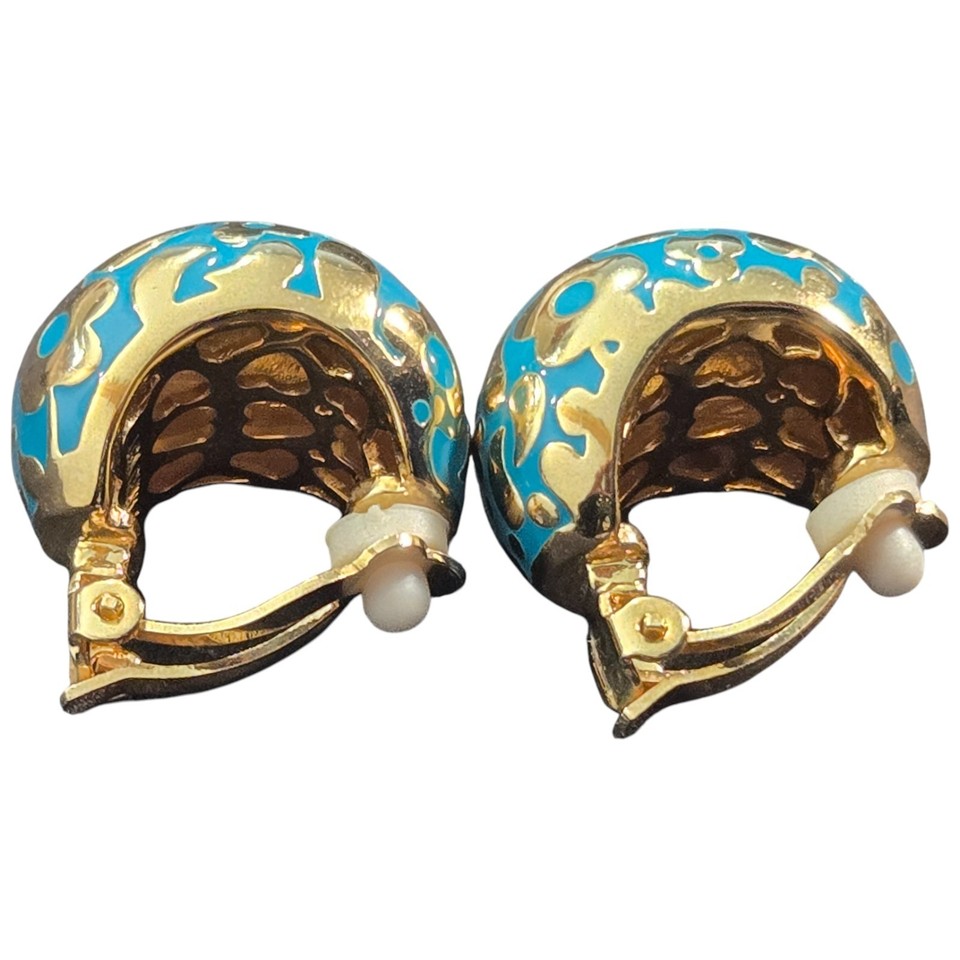 Turquoise Color Enamel Clip On Earrings Gold Tone Lauren G Adams Signed ...