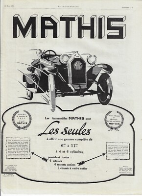 PUBLICITÉ ORIGINALE PAPIER 1924 AUTOMOBILE MATHIS 2 ISSUE DE LA PRESSE ...