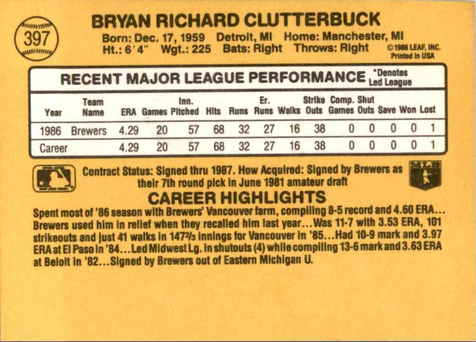 1987 Donruss Bryan Clutterbuck Rookie Milwaukee Brewers #397 | eBay
