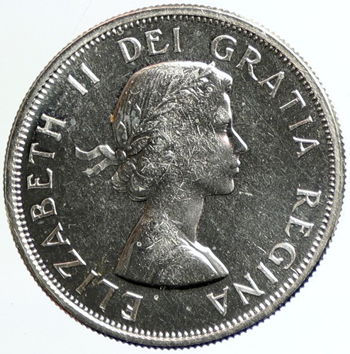 1964 CANADA Queen Elizabeth II Arms Crown VINTAGE SILVER 50 Cents Coin ...