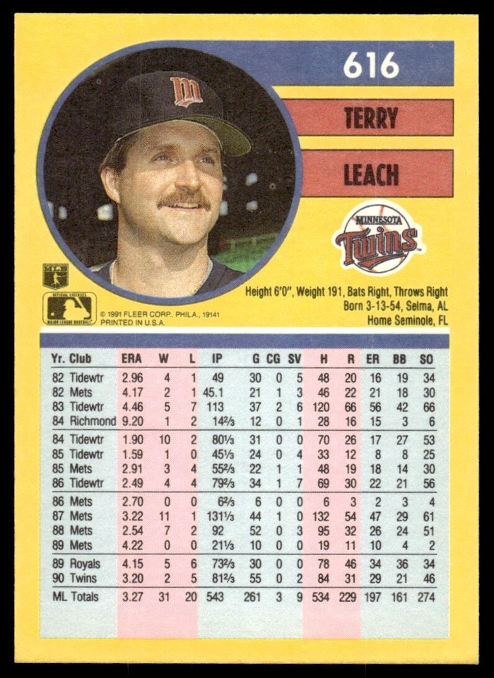 1991 Fleer Baseball Card Terry Leach Minnesota Twins #616 | eBay