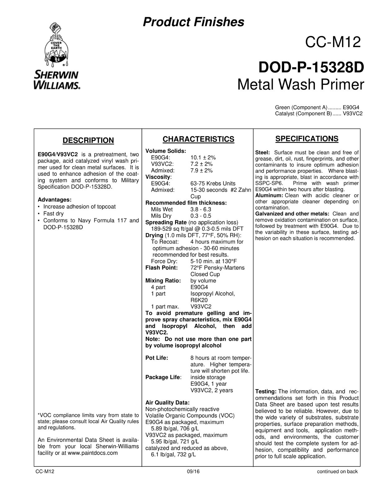 NEW Sherwin Williams E90G4 Green DOD-P-15328D Metal Wash Primer PART A ...