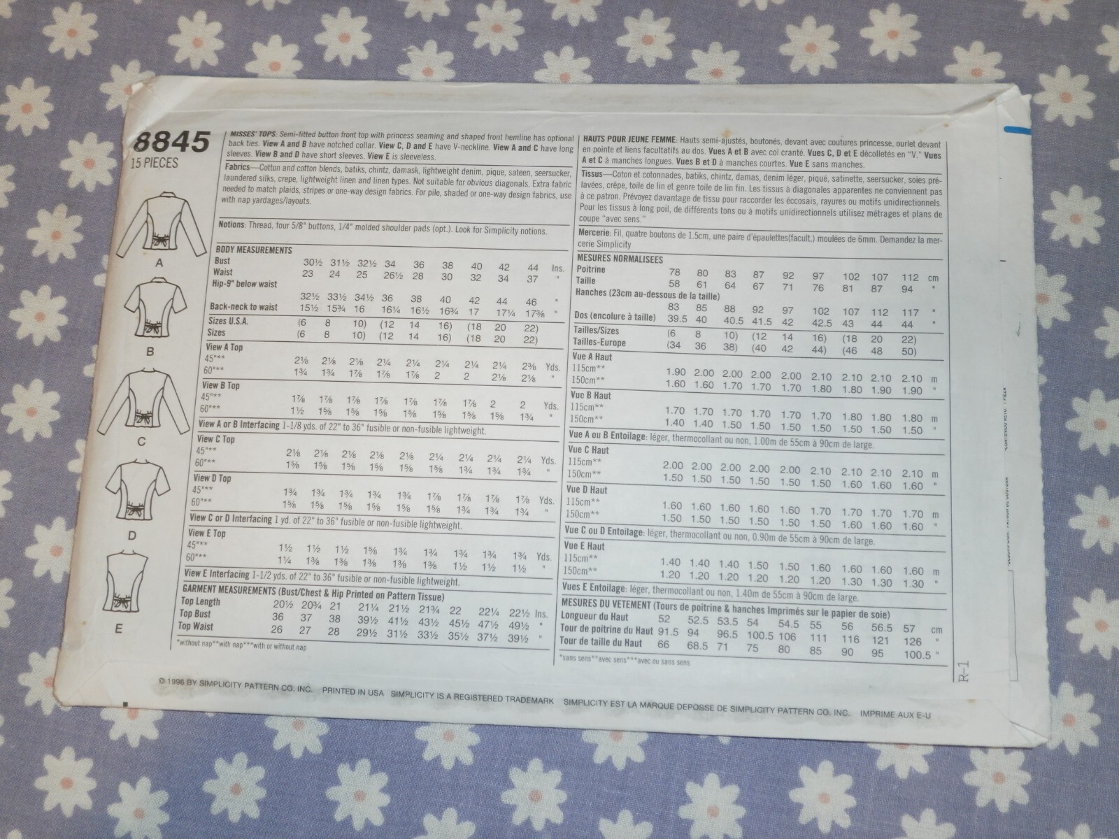 Simplicity 8845 Misses Tops Size P 12-14-16 Uncut Sewing Pattern 1994 ...