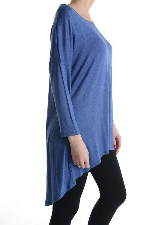 NEW WOMEN ROUND NECK HI LOW ASYMMETRIC 3/4 SLEEVE LONG TUNIC TOP S-XL ...