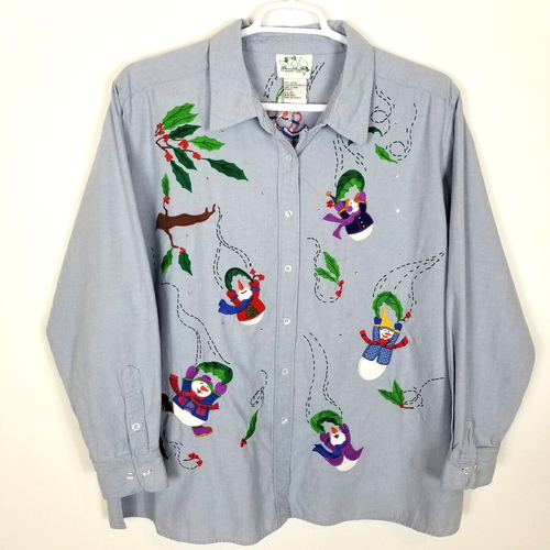 Quaker Factory Women Plus Snowman Button Down Shirt Size 2X Blue Long ...