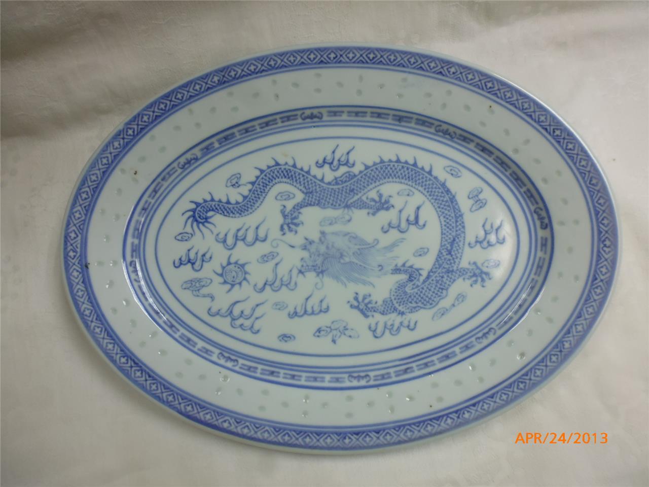 TRADIONAL CHINESE DRAGON OVAL PORCELAIN SERVING PLATTER BLUE AND WHITE ...