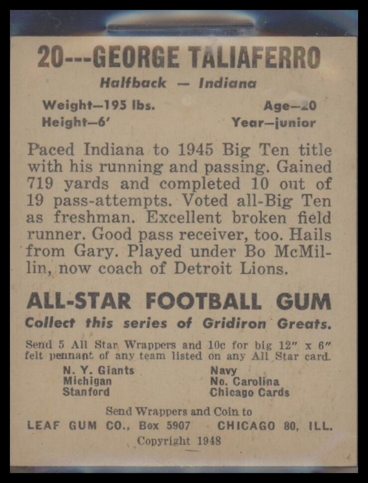 1948 LEAF GEORGE TALIAFERRO 20 EX YELLOW BACK RC 1ST BLACK DRAFTED BVG ...