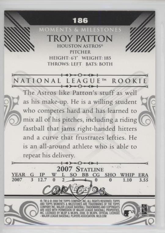 2008 Moments & Milestones Rookies Troy Patton (National League Rookie ...