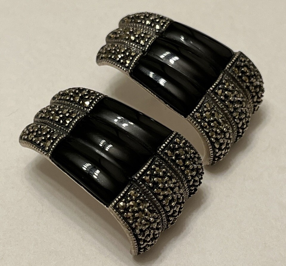 Judith Jack Large Sterling Silver Marcasite Black Onyx Pierced Earrings ...