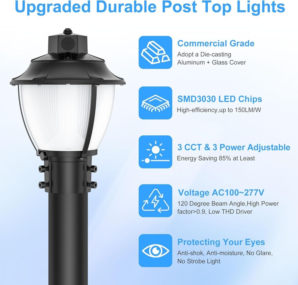 80W LED Post Top Light 3/4/5000K Outdoor Garden Yard Pole Area Lamp ...