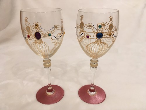 VINTAGE SMITHEREENS GLASS “VIKKI” SIGNED HAND PAINTED 2 PC 9 1/2" WINE ...